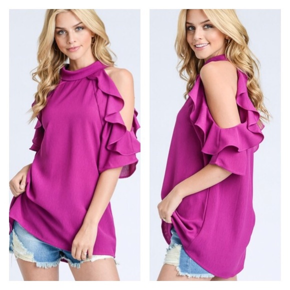 SwankStyles | Tops | Magenta Open Cold Shoulder Ruffled Sleeve Blouse ...